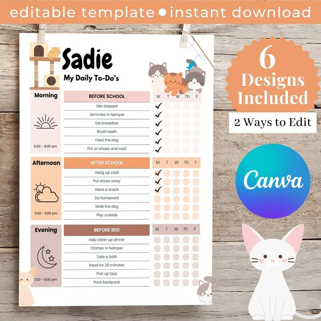 Cat Lover Editable Daily Routine Checklist - Birchmark Designs