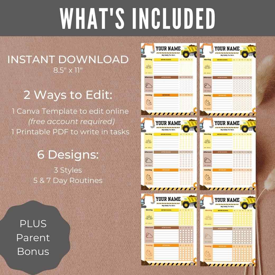 Construction Editable Daily Routine Checklist - Birchmark Designs