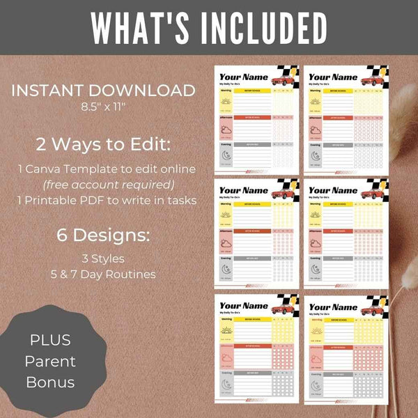 Race Car Editable Daily Routine Checklist - Birchmark Designs
