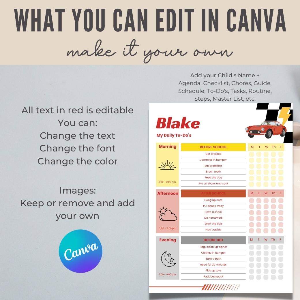 Race Car Editable Daily Routine Checklist - Birchmark Designs