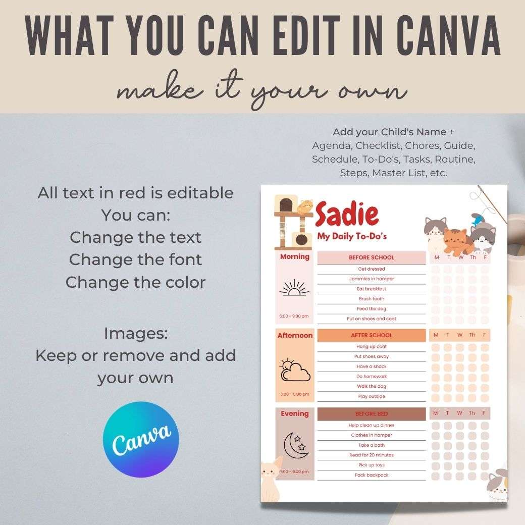 Cat Lover Editable Daily Routine Checklist - Birchmark Designs