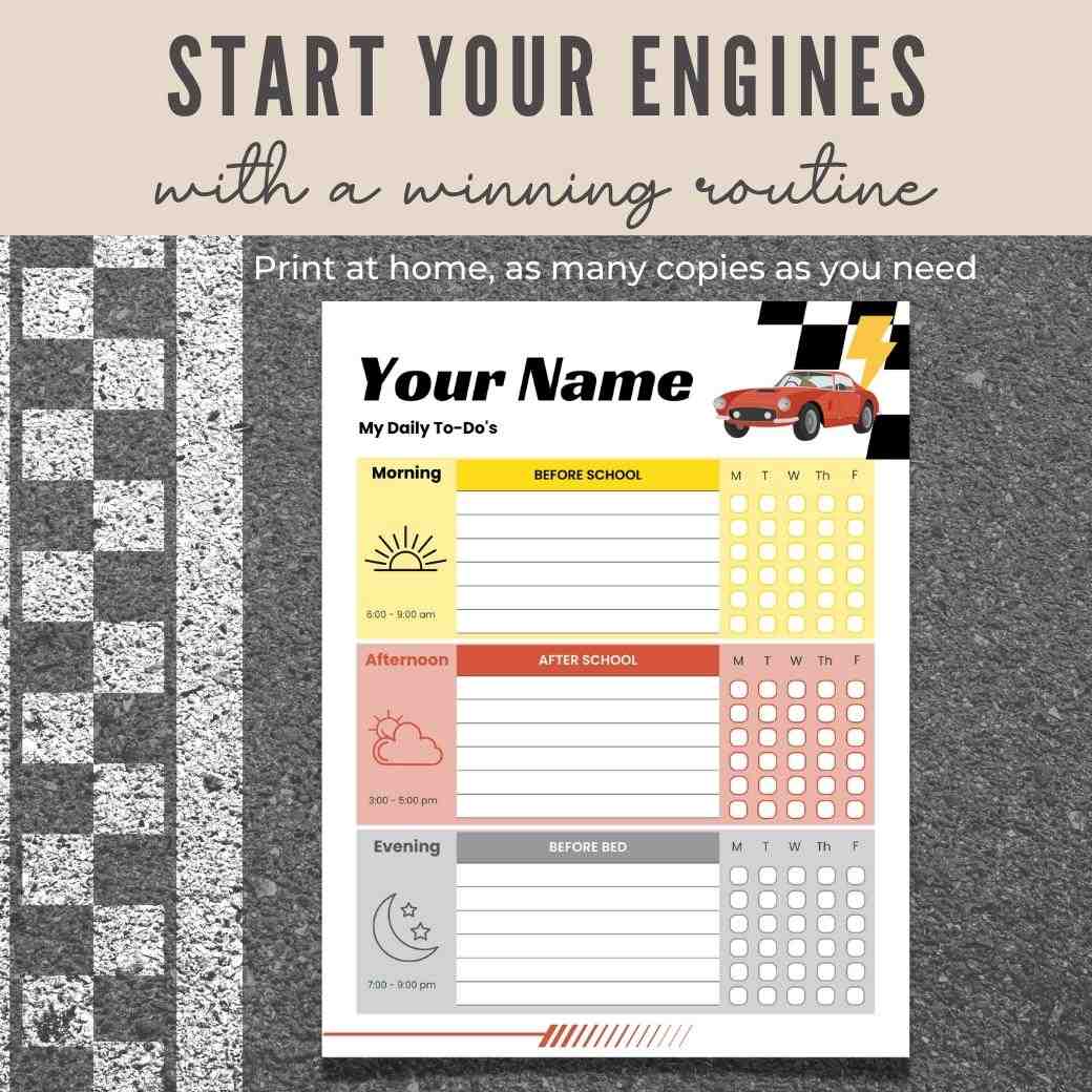 Race Car Editable Daily Routine Checklist - Birchmark Designs