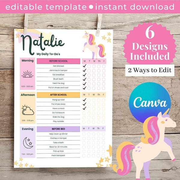 Unicorn Editable Daily Routine Checklist - Birchmark Designs